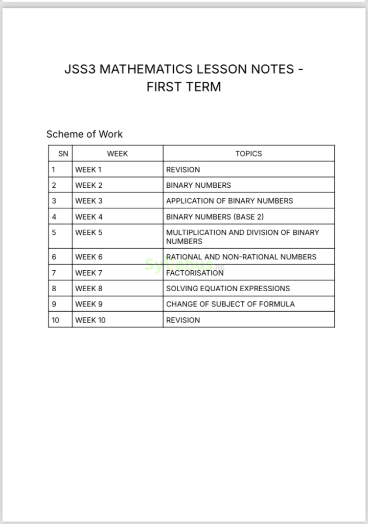 JSS3 Mathematics Lesson Notes | 1st, 2nd and 3rd Term | Get PDF ...