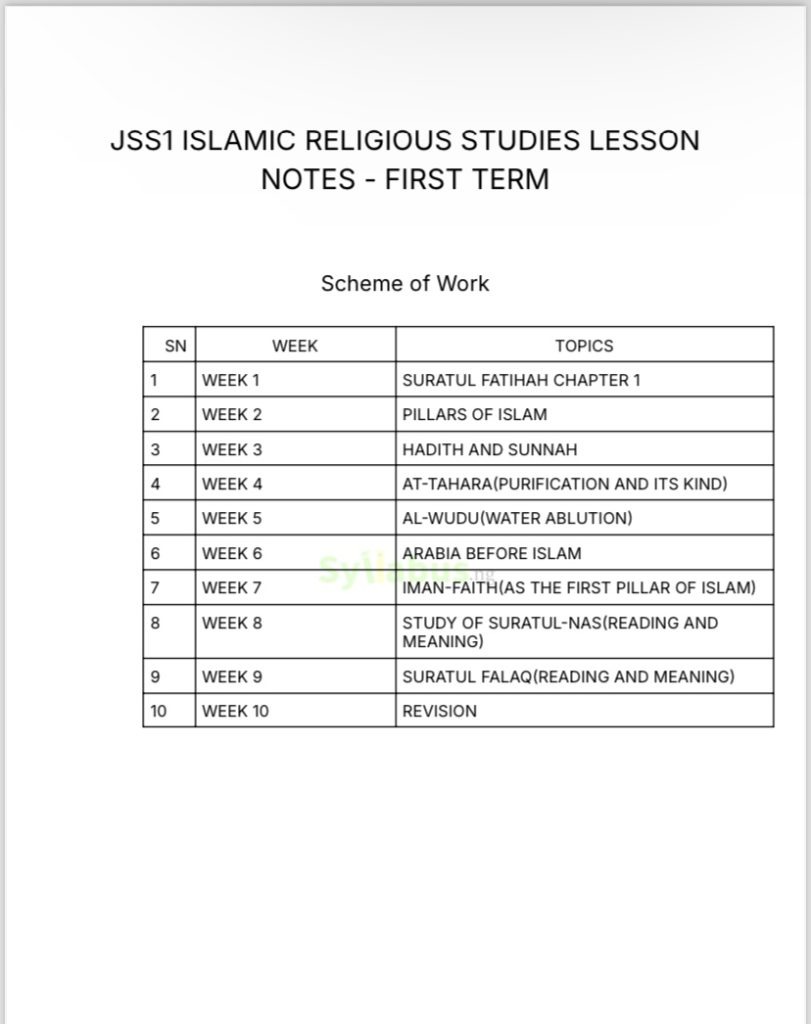 JSS1 Islamic Studies | 1st, 2nd & 3rd Term | Download PDF - syllabus.ng