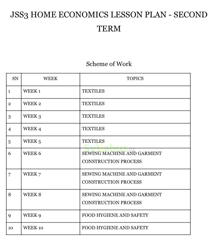 JSS3 Home Economics Lesson Plan |1st, 2nd & 3rd Term| Get PDF - syllabus.ng