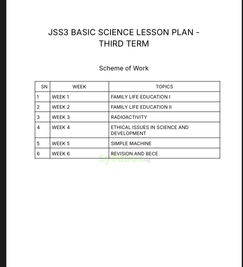JSS3 Basic Science Lesson Plan | 1st, 2nd and 3rd Term | Get PDF - syllabus.ng