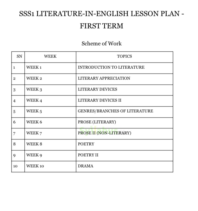 SS1 Literature in English Lesson Plan | 1st, 2nd & 3rd Term | PDF ...