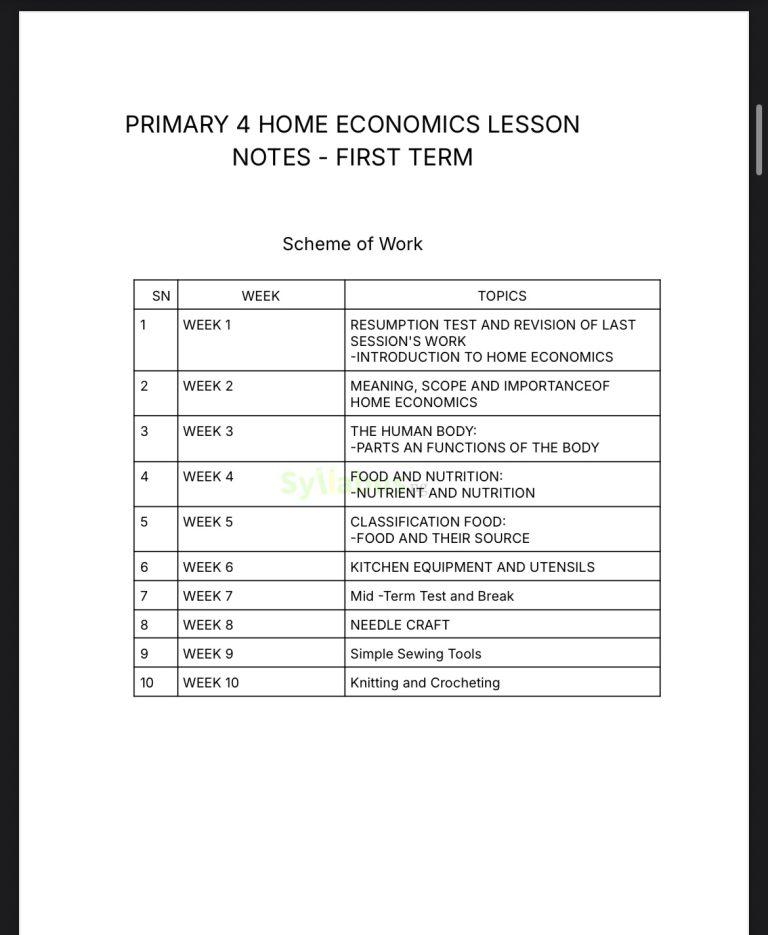 Primary 4 Home Economics Lesson Notes | 1st, 2nd & 3rd Term - syllabus.ng