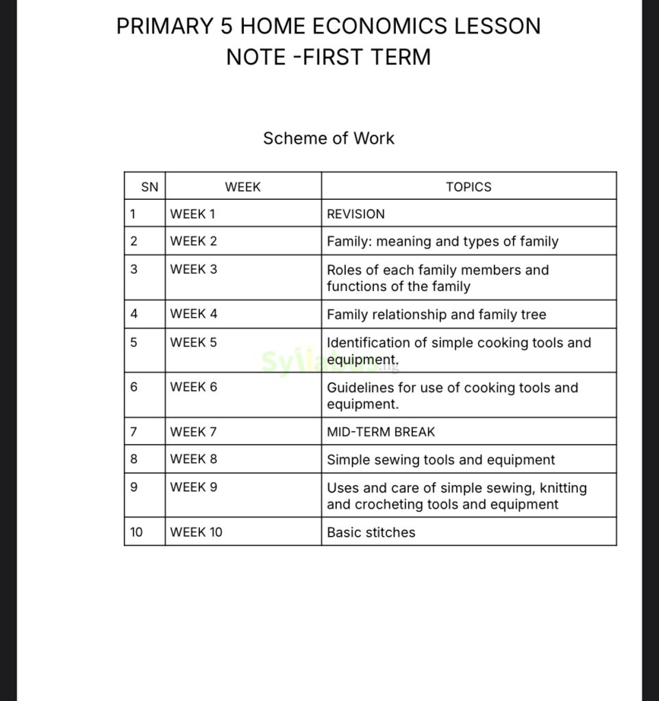 Primary 5 Home Economics Lesson Notes | 1st, 2nd & 3rd Term - syllabus.ng