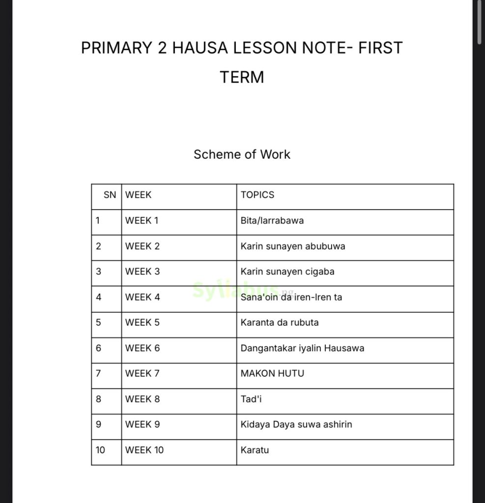 Primary 2 Hausa Lesson Note | 1st, 2nd & 3rd Term | Download - syllabus.ng